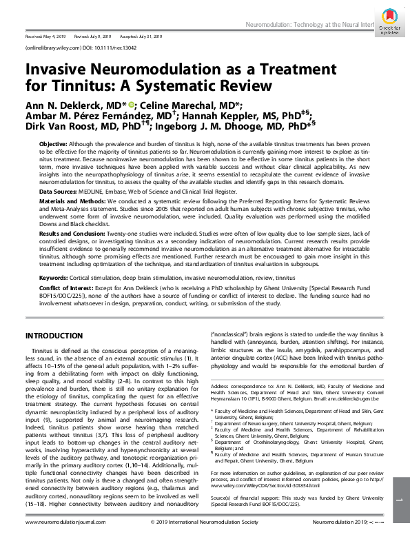 (PDF) Invasive Neuromodulation as a Treatment for Tinnitus: A ...
