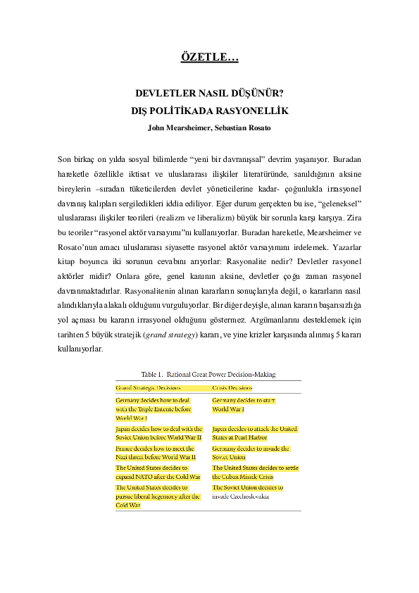 (PDF) KİTAP ÖZETİ: HOW STATES THINK? RATIONALITY IN INTERNATIONAL POLITICS