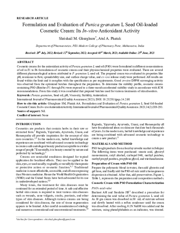 Pdf Formulation And Evaluation Of Punica Granatum L Seed Oil Loaded Cosmetic Cream Its In