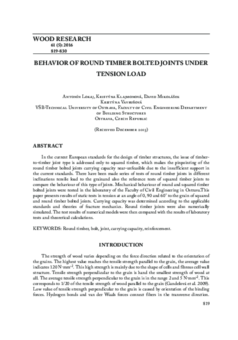 (PDF) Behavior of round timber bolted joints under tension load