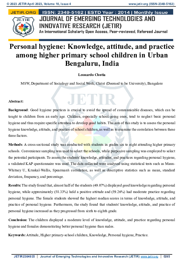 (PDF) Personal hygiene: Knowledge, attitude, and practice among higher primary school children ...
