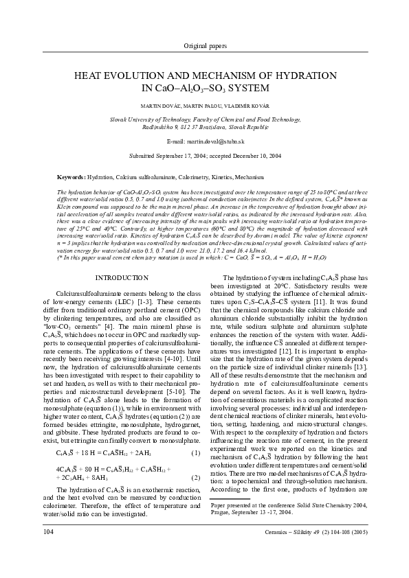 (PDF) Heat evolution and mechanism of hydration in CaO-Al2O3-SO3 system
