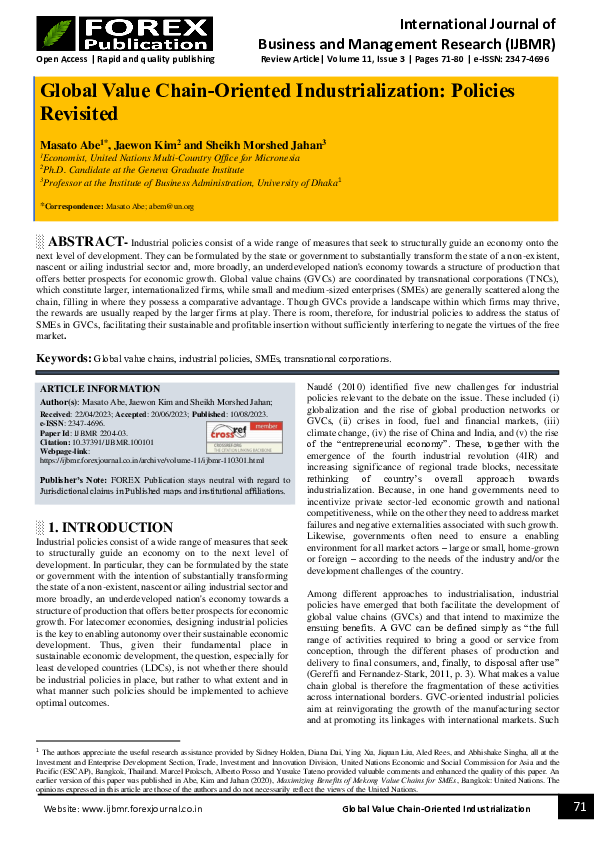 (PDF) Global Value Chain-Oriented Industrialization: Policies Revisited