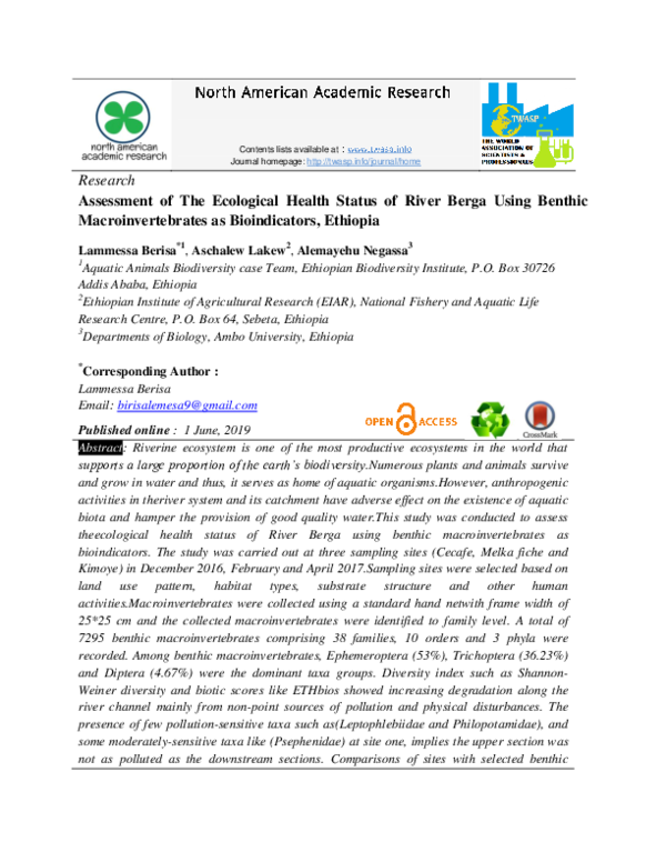 (PDF) Assessment of The Ecological Health Status of River Berga Using ...