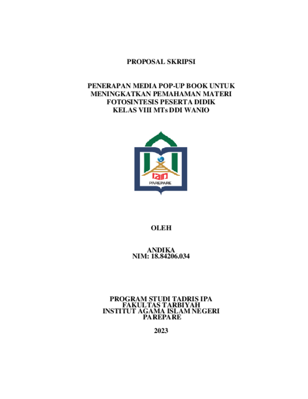 (PDF) PROPOSAL SKRIPSI PENERAPAN MEDIA POP-UP BOOK UNTUK MENINGKATKAN PEMAHAMAN MATERI ...