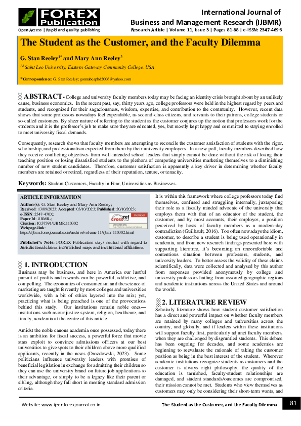 (PDF) The Student as the Customer, and the Faculty Dilemma