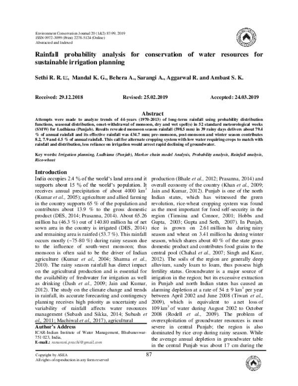 (PDF) Rainfall probability analysis for conservation of water resources ...