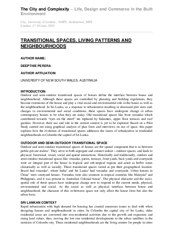 (PDF) TRANSITIONAL SPACES, LIVING PATTERNS AND NEIGHBOURHOODS