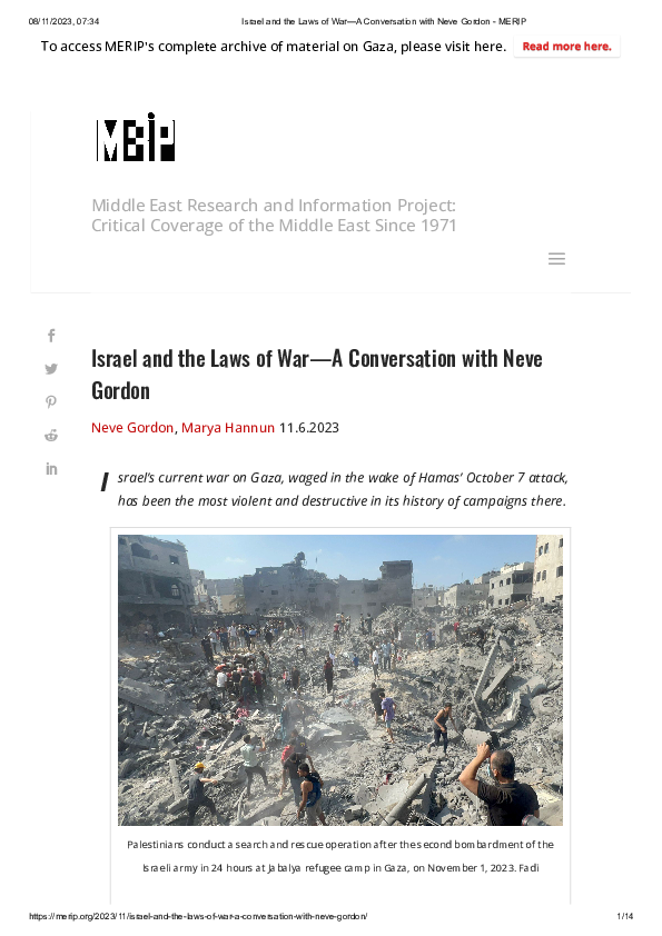 (PDF) Israel and the Laws of War A Conversation with Neve Gordon MERIP