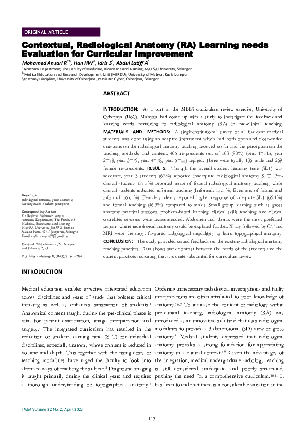 (PDF) Contextual, Radiological Anatomy (RA) Learning needs Evaluation ...
