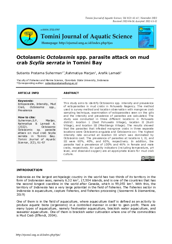 (PDF) Octolasmic Octolasmis spp. parasite attack on mudcrab Scylla ...