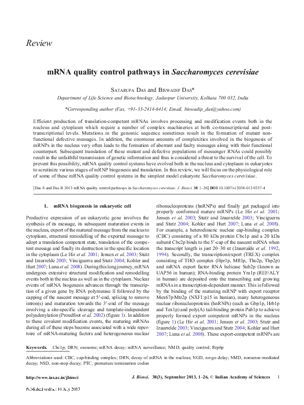 (PDF) mRNA quality control pathways in Saccharomyces cerevisiae