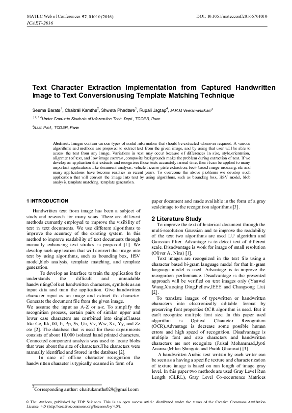 Pdf Text Character Extraction Implementation From Captured Handwritten Image To Text