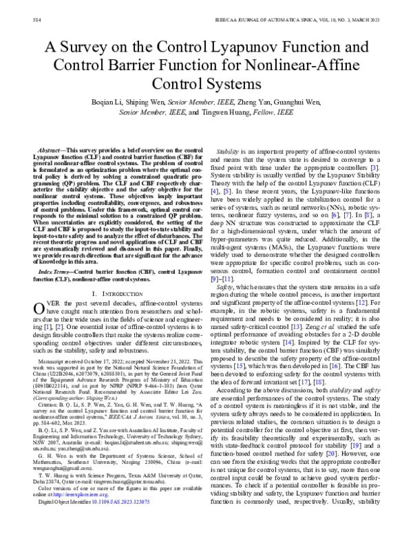 Pdf A Survey On The Control Lyapunov Function And Control Barrier Function For Nonlinear 