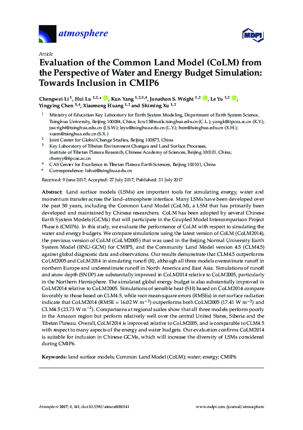 Pdf Evaluation Of The Common Land Model Colm From The Perspective
