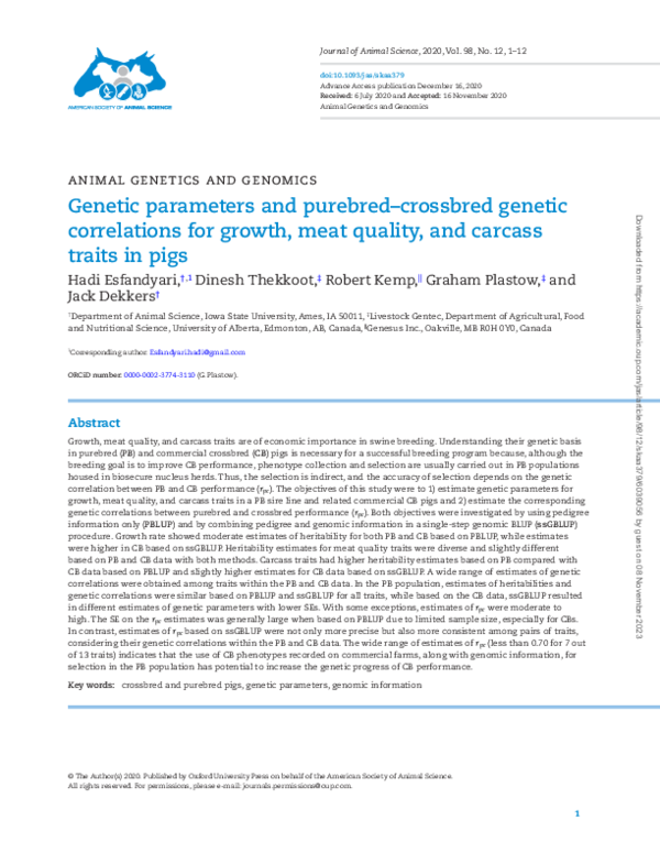 (PDF) Genetic parameters and purebred–crossbred genetic correlations for growth, meat quality ...