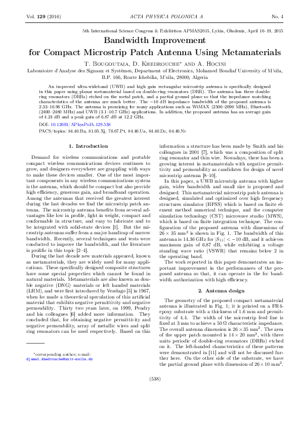 (PDF) Bandwidth Improvement for Compact Microstrip Patch Antenna Using Metamaterials