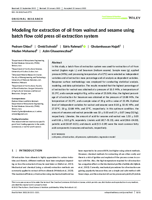 Pdf Modeling For Extraction Of Oil From Walnut And Sesame Using Batch Flow Cold Press Oil