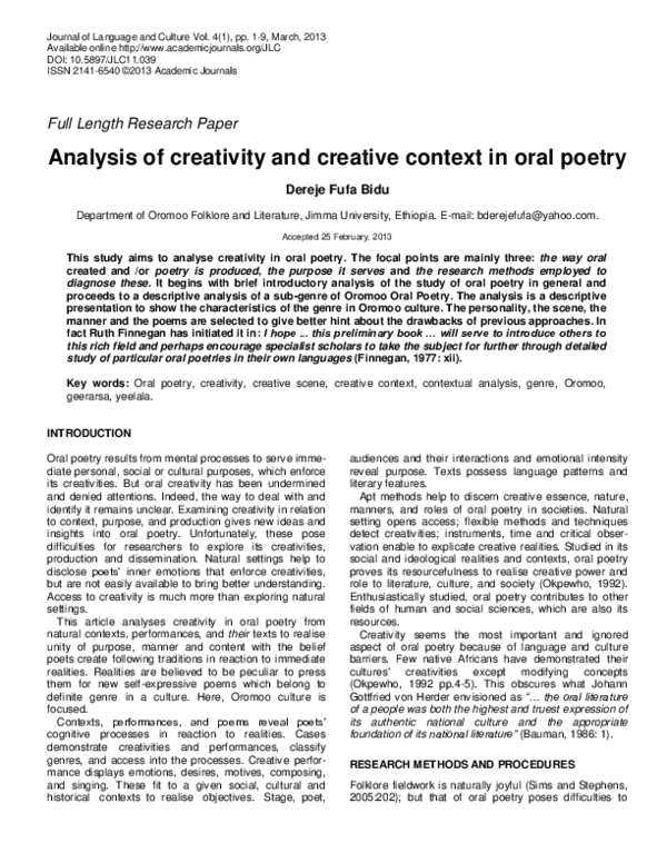 (PDF) Analysis of creativity and creative context in oral poetry