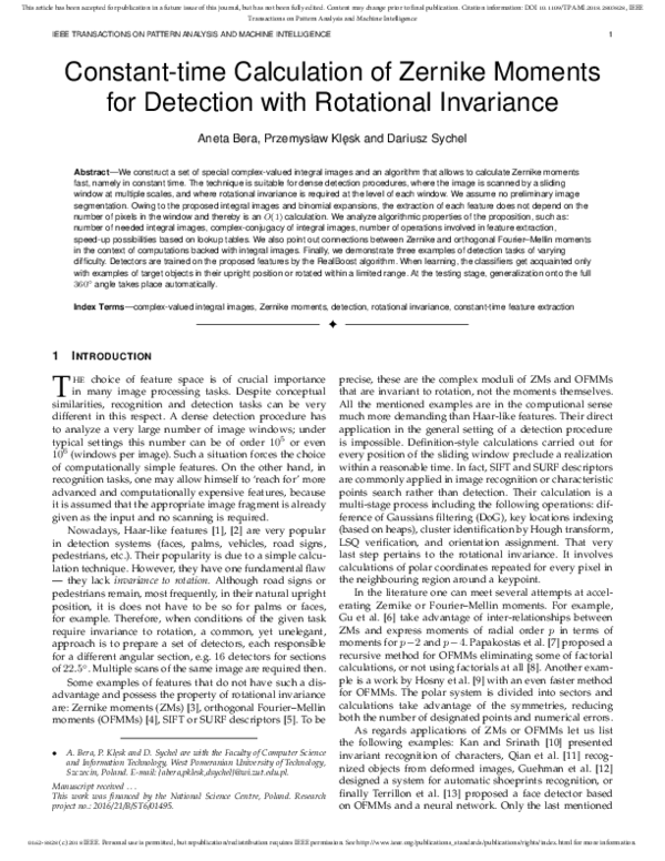 (PDF) Constant-Time Calculation of Zernike Moments for Detection with Rotational Invariance