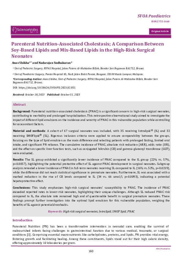 (PDF) Parenteral Nutrition-Associated Cholestasis; A Comparison Between ...