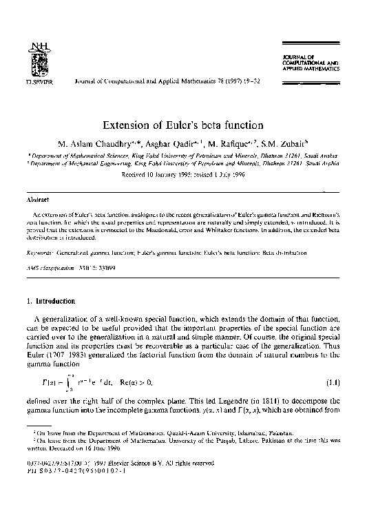 (PDF) Extension of Euler's beta function