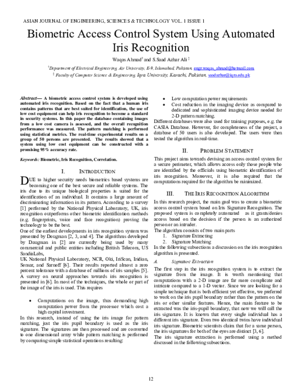 (PDF) Biometric Access Control System Using Automated Iris Recognition