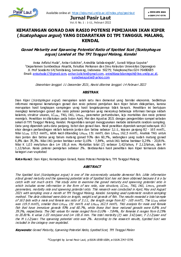 (PDF) KEMATANGAN GONAD DAN RASIO POTENSI PEMIJAHAN IKAN KIPER ...