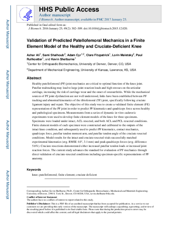 (PDF) Validation of predicted patellofemoral mechanics in a finite element model of the healthy ...