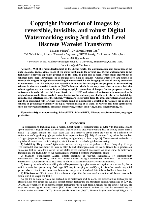 Pdf Copyright Protection Of Images By Reversible Invisible And Robust Digital Watermarking 