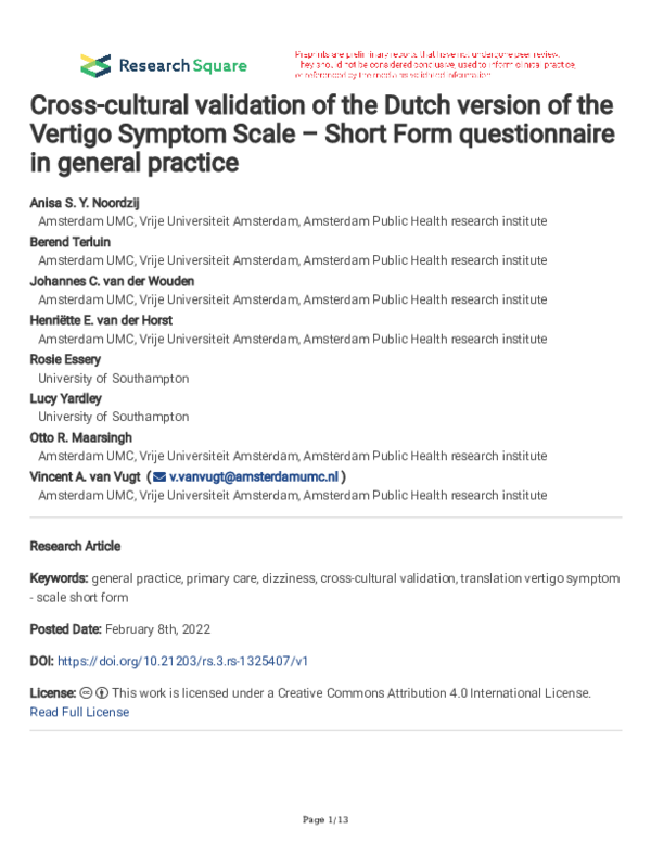 Pdf Cross Cultural Validation Of The Dutch Version Of The Vertigo Symptom Scale Short Form