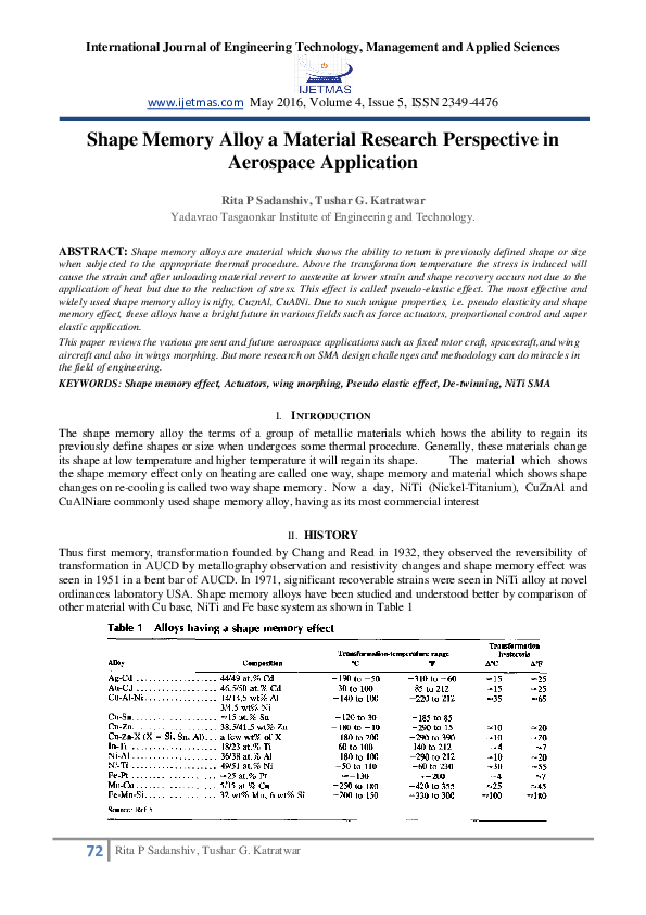 (PDF) Shape Memory Alloy a Material Research Perspective in Aerospace ...