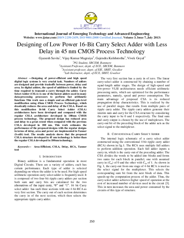 Pdf Designing Of Low Power 16 Bit Carry Select Adder With Less Delay In 45 Nm Cmos Process