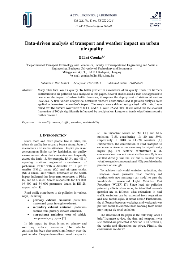 (PDF) Data-driven analysis of transport and weather impact on urban air quality | Bálint Csonka ...
