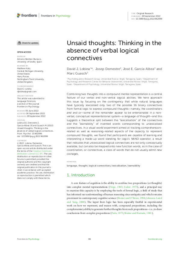 (PDF) Unsaid thoughts: Thinking in the absence of verbal logical ...