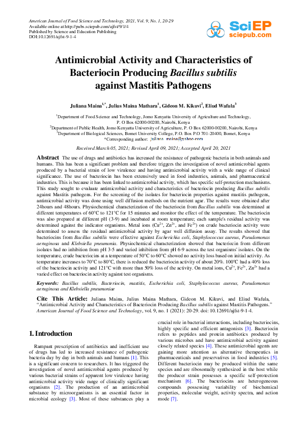 Pdf Antimicrobial Activity And Characteristics Of Bacteriocin