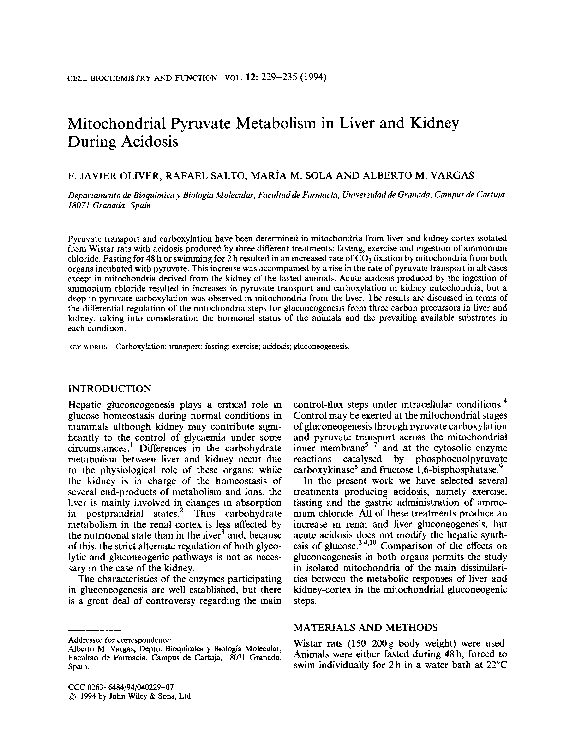 (PDF) Mitochondrial pyruvate metabolism in liver and kidney during acidosis