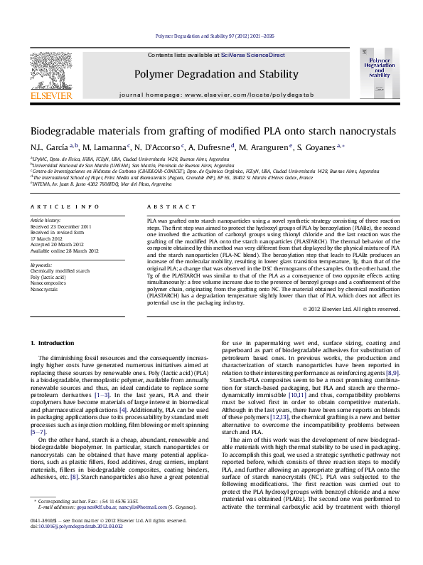 (PDF) Biodegradable materials from grafting of modified PLA onto starch nanocrystals