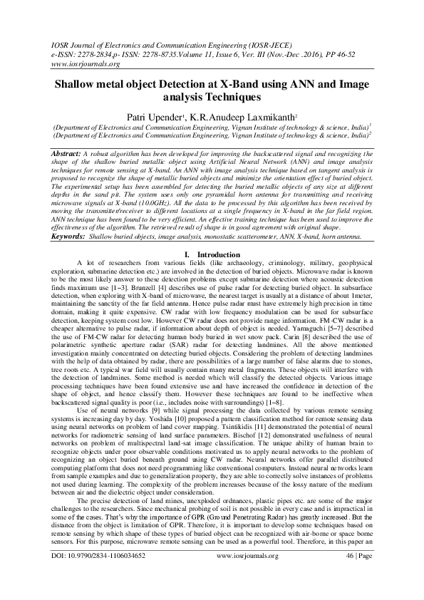 Pdf Shallow Metal Object Detection At X Band Using Ann And Image Analysis Techniques