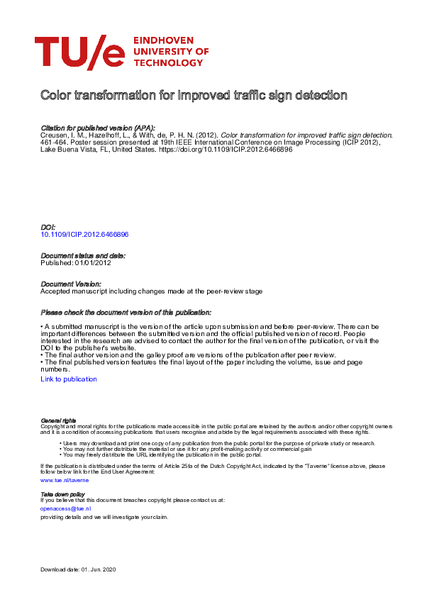 Pdf Color Transformation For Improved Traffic Sign Detection