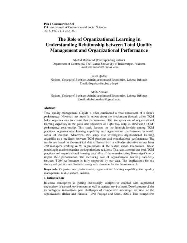 (PDF) The Role of Organizational Learning in Understanding Relationship between Total Quality ...