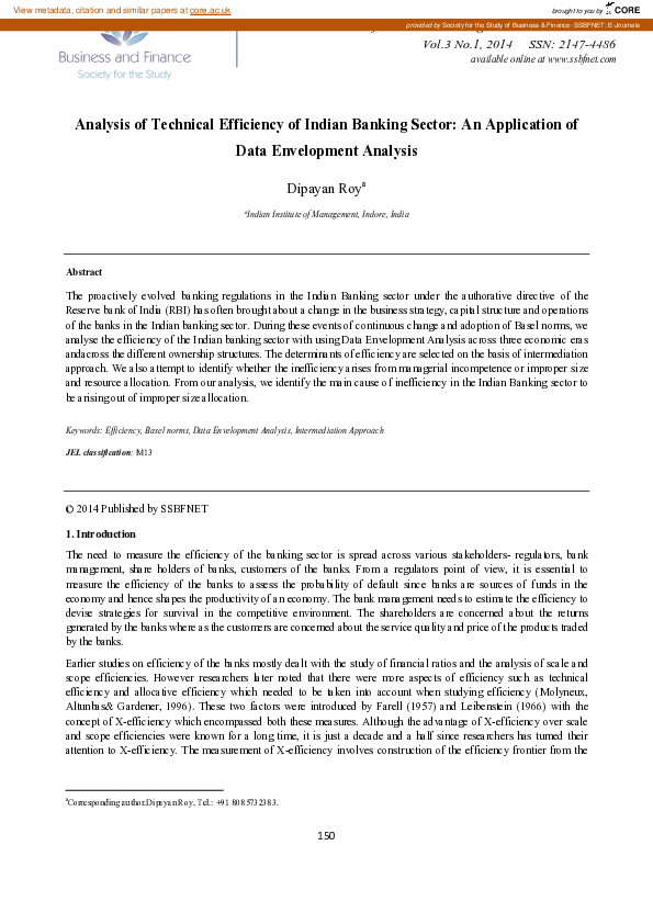 Pdf Analysis Of Technical Efficiency Of Indian Banking Sector An Application Of Data 0173