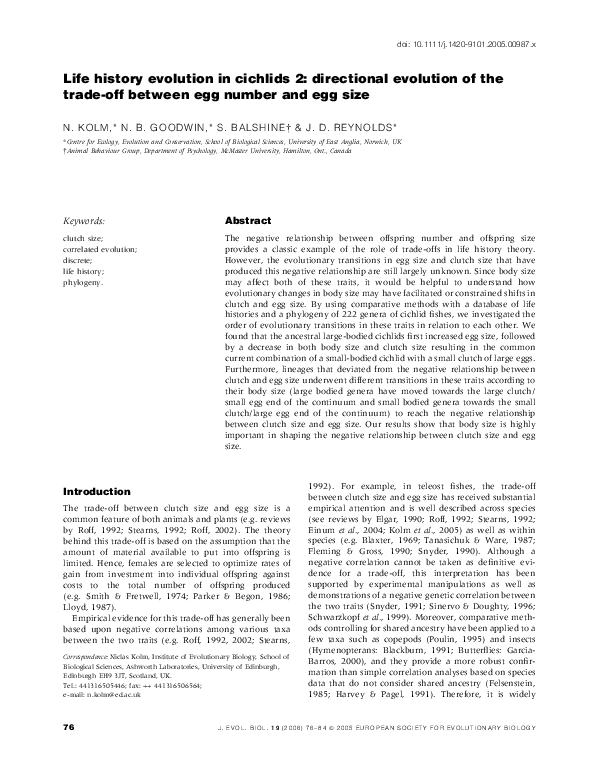 (PDF) Life history evolution in cichlids 2: directional evolution of ...