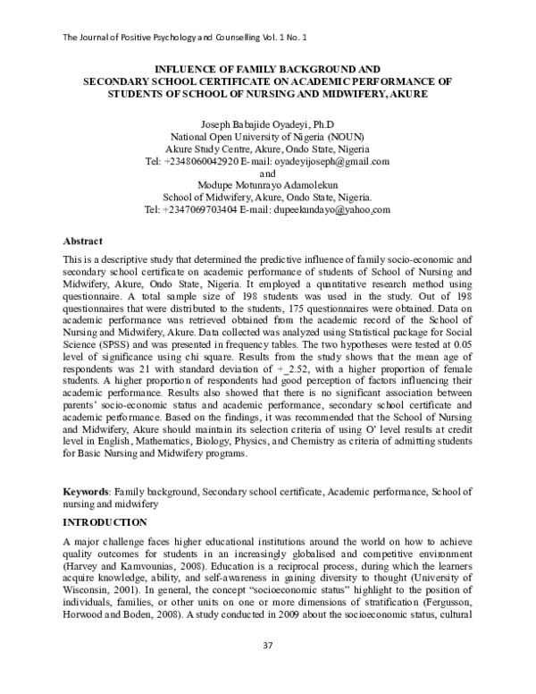 (PDF) INFLUENCE OF FAMILY BACKGROUND AND SECONDARY SCHOOL CERTIFICATE ...