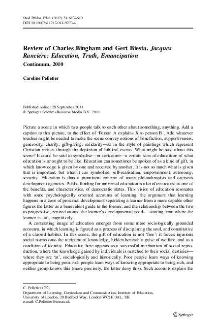 (PDF) Review of Charles Bingham and Gert Biesta, Jacques Rancière ...