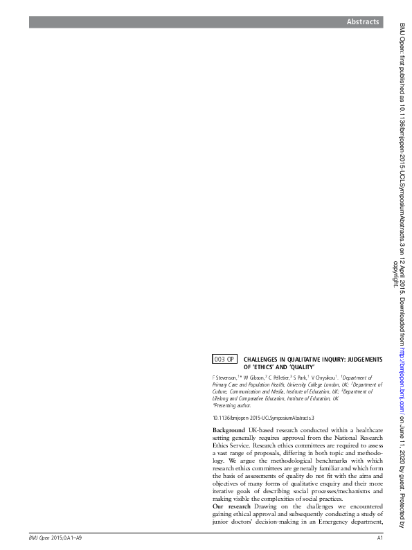 (PDF) 003 Op: Challenges in Qualitative Inquiry: Judgements of 'Ethics' and 'Quality