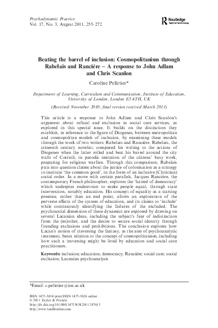 (PDF) Beating the barrel of inclusion: Cosmopolitanism through Rabelais and Rancière – A ...