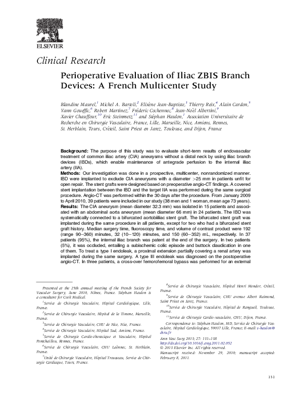 (PDF) Perioperative evaluation of iliac ZBIS branch devices: a French ...