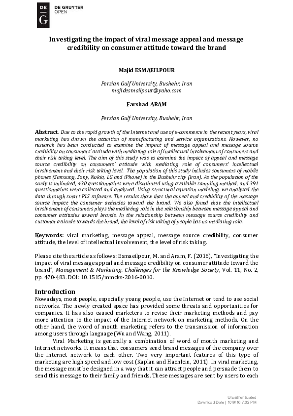 (PDF) Investigating the impact of viral message appeal and message credibility on consumer ...