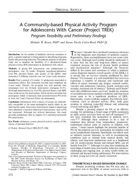 (PDF) A Community-based Physical Activity Program for Adolescents With Cancer (Project TREK ...